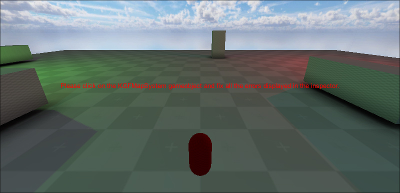 按下「播放」按鈕進行測試，遊戲畫面並沒有出現小地圖，而是顯示紅色的錯誤訊息，您需要選取 KGFMaySystem 遊戲物件並修正所有的問題。