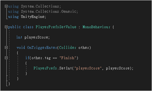 先開啟 LEVEL-1 場景，建立一個 C# 腳本，使用 PlayerPrefs.SetInt 儲存 playerScore（玩家分數）。