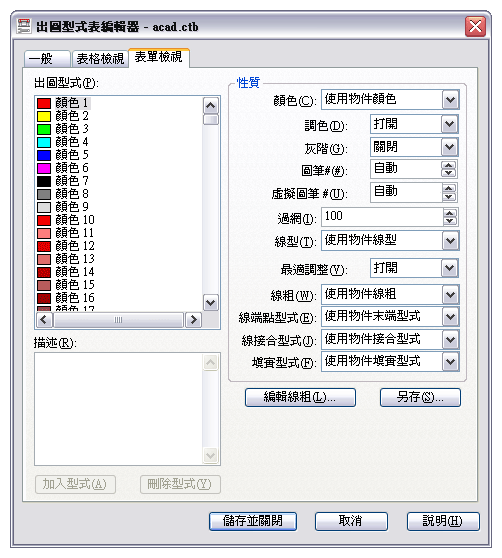 出圖型式表編輯器 表單檢視
