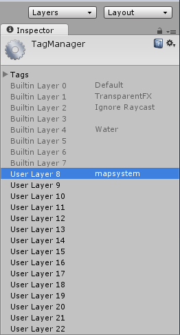 3. 從 Hierarchy 階層視窗找到攝影機，並確定攝影機不渲染 mapsystem 圖層（預設的情況下不需要特別修改）。